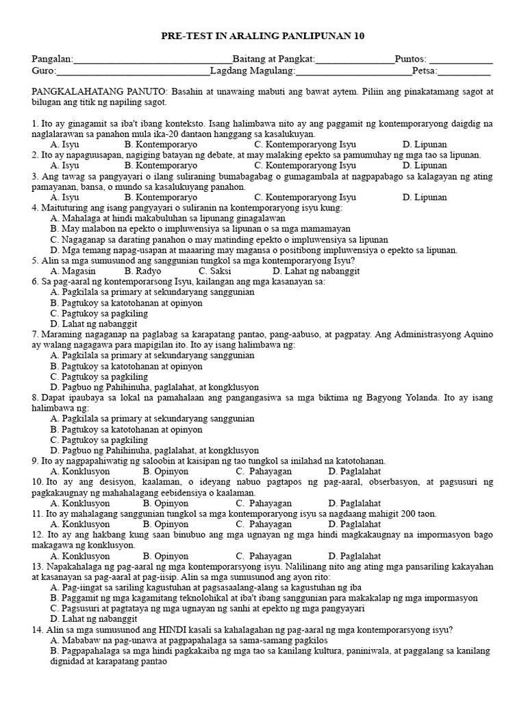 PRE TEST 1st Quarter Exam AP10 | PDF