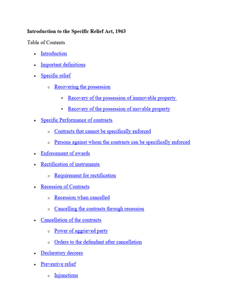 Introduction To The Specific Relief Act | PDF | Legal Remedy | Injunction