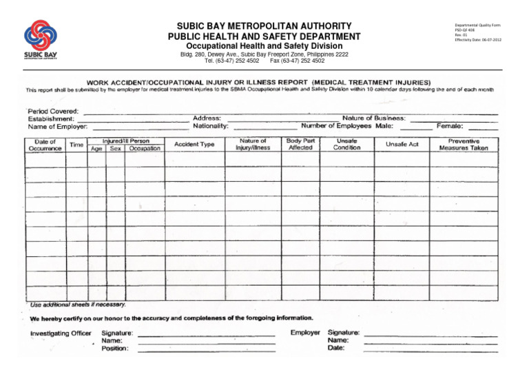 Subic Bay Occupational Health Form | PDF