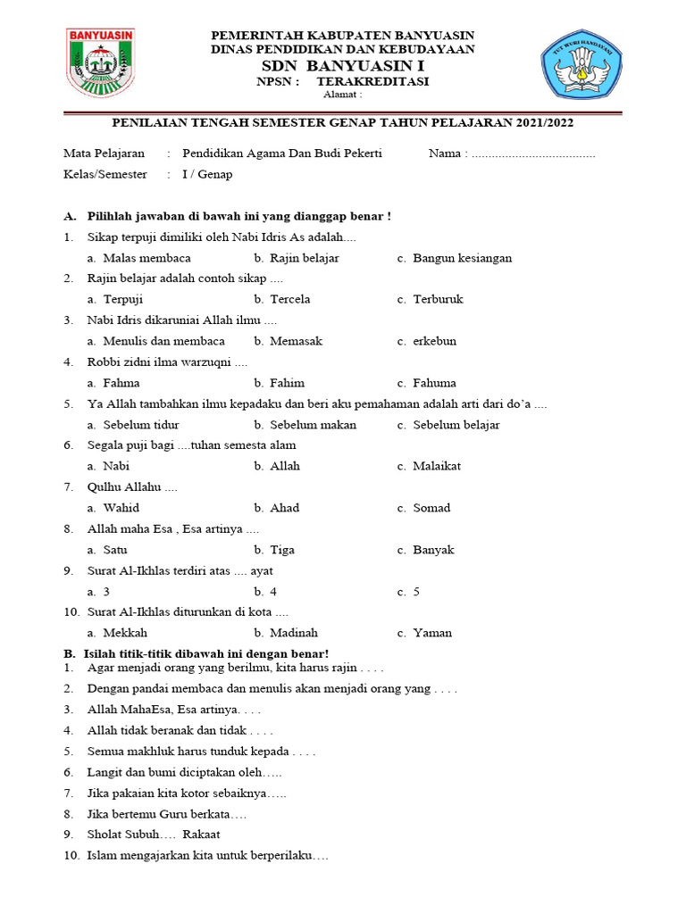 Soal PTS Genap Kelas 1 2021-2022 | PDF | Karier & Perkembangan | Seni & Disiplin Bahasa