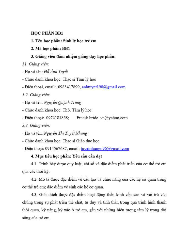 HỌC PHẦN BB1-SINH LÝ HỌC TRẺ EM | PDF