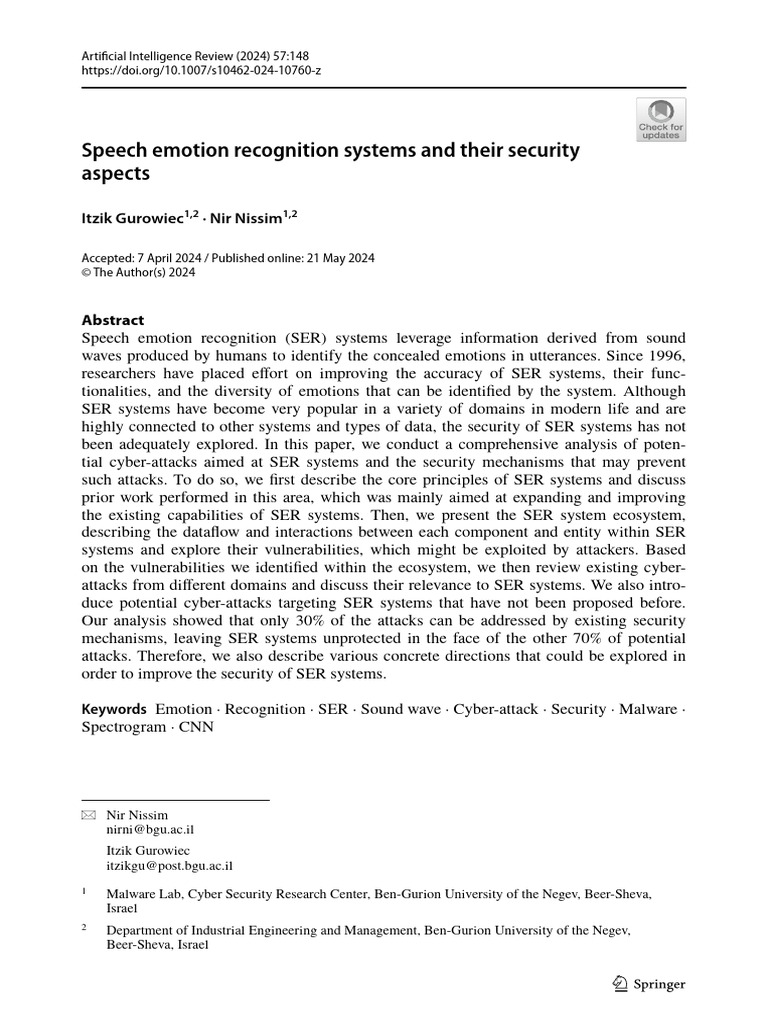 Speech Emotion Recognition Systems and Their Security Aspects | PDF ...