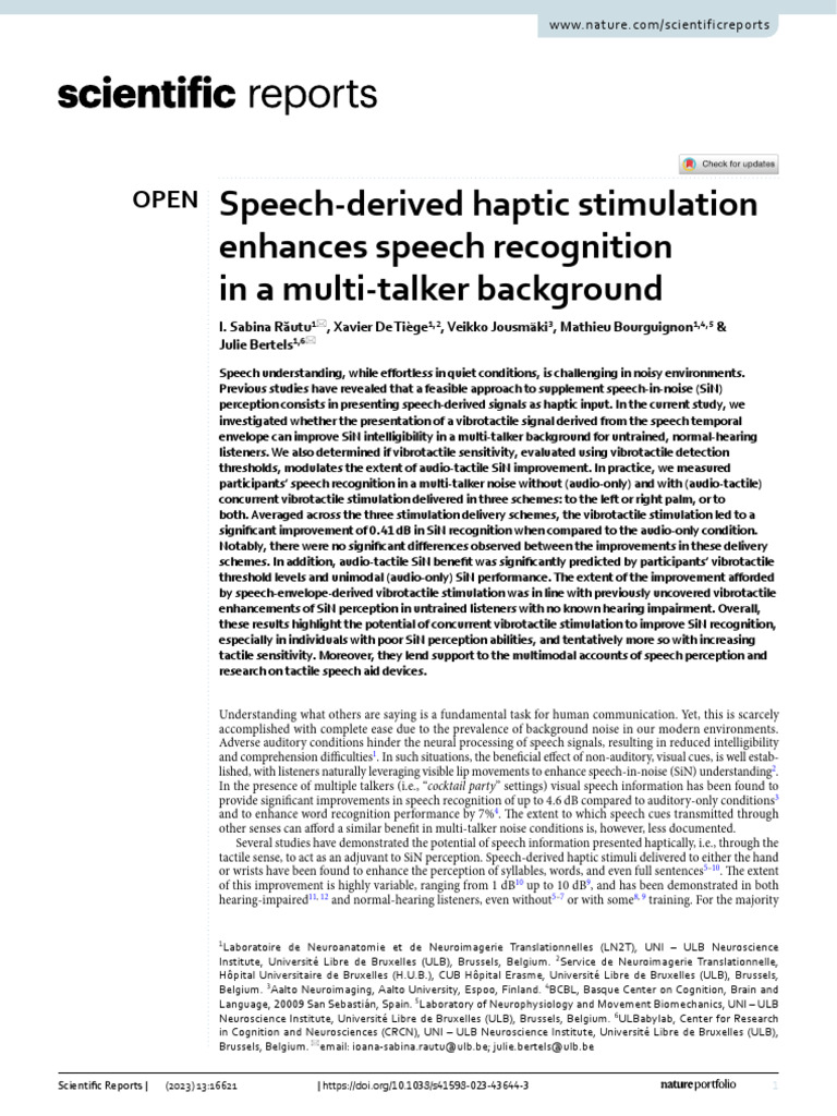 Speech Derived Haptic Simulation Enhances Speech Recognition In A Multi Talker Background Pdf