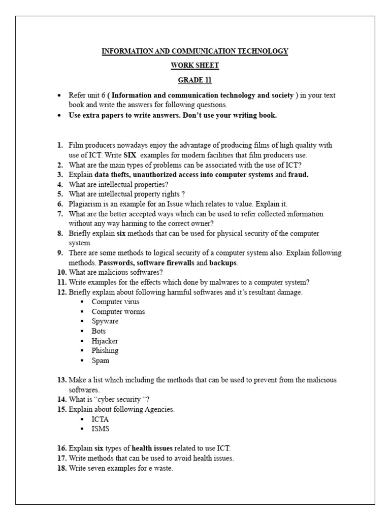 Grade 11 ICT Worksheet Guide | PDF