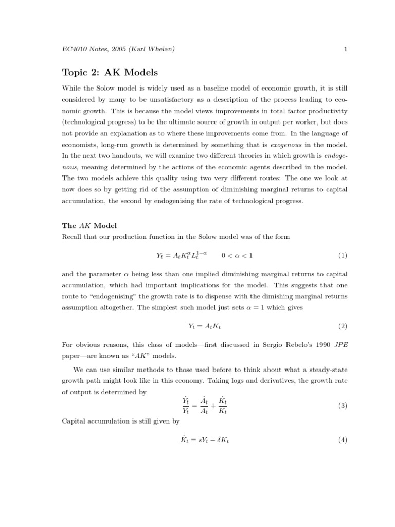Topic 2: AK Models: t t α t 1−α t | PDF | Economic Growth | Economic ...