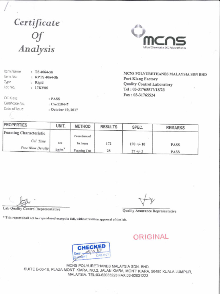 Certificate of Analysis PU | PDF
