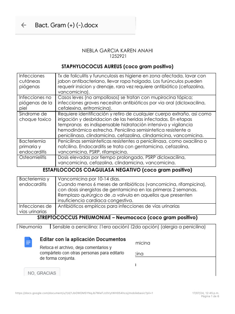 Bact. Gram (+) (-) | PDF | Penicilina | Microbiología