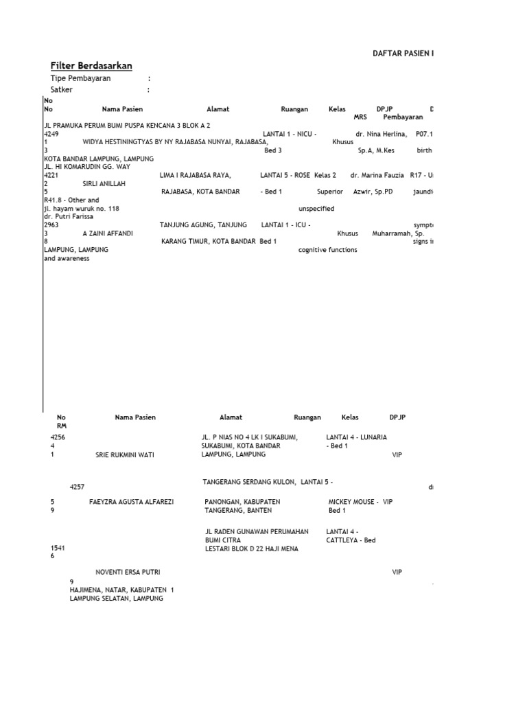 Daftar Pasien Rawat Inap 2024 | PDF