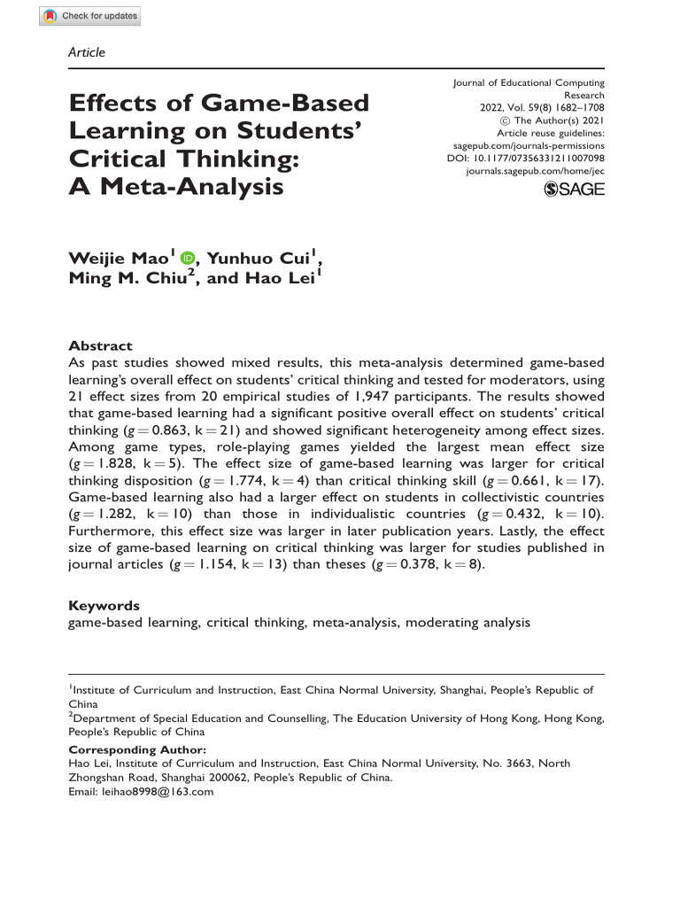 Mao Et Al 2021 Effects of Game Based Learning On Students Critical ...