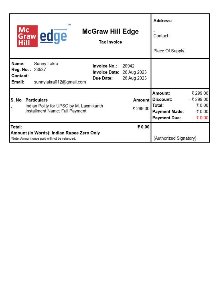 McGraw Hill Edge Invoice Details | PDF