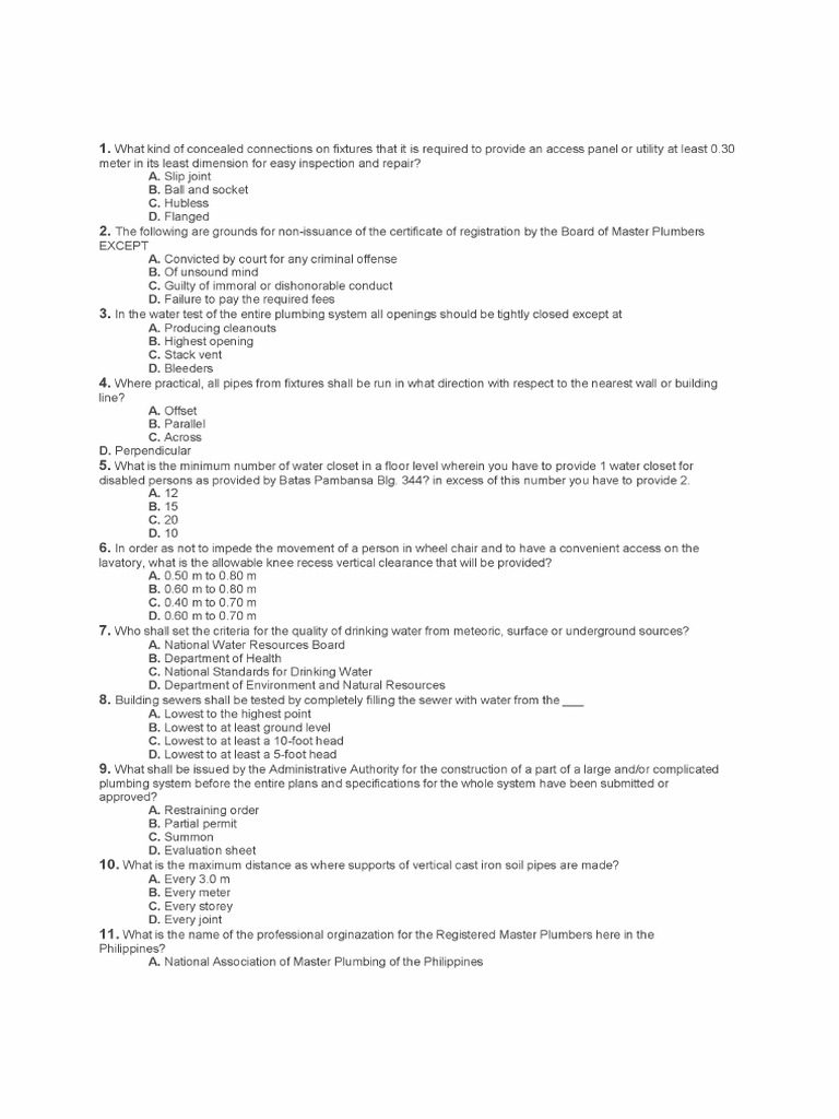 Master Plumber Questionaire 1 | PDF