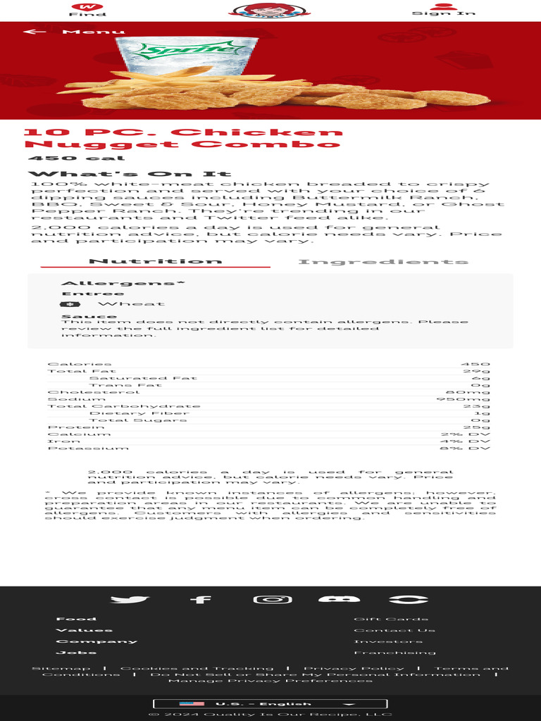 10 PC. Chicken Nugget Combo - Wendy's | PDF | Fat | Foods