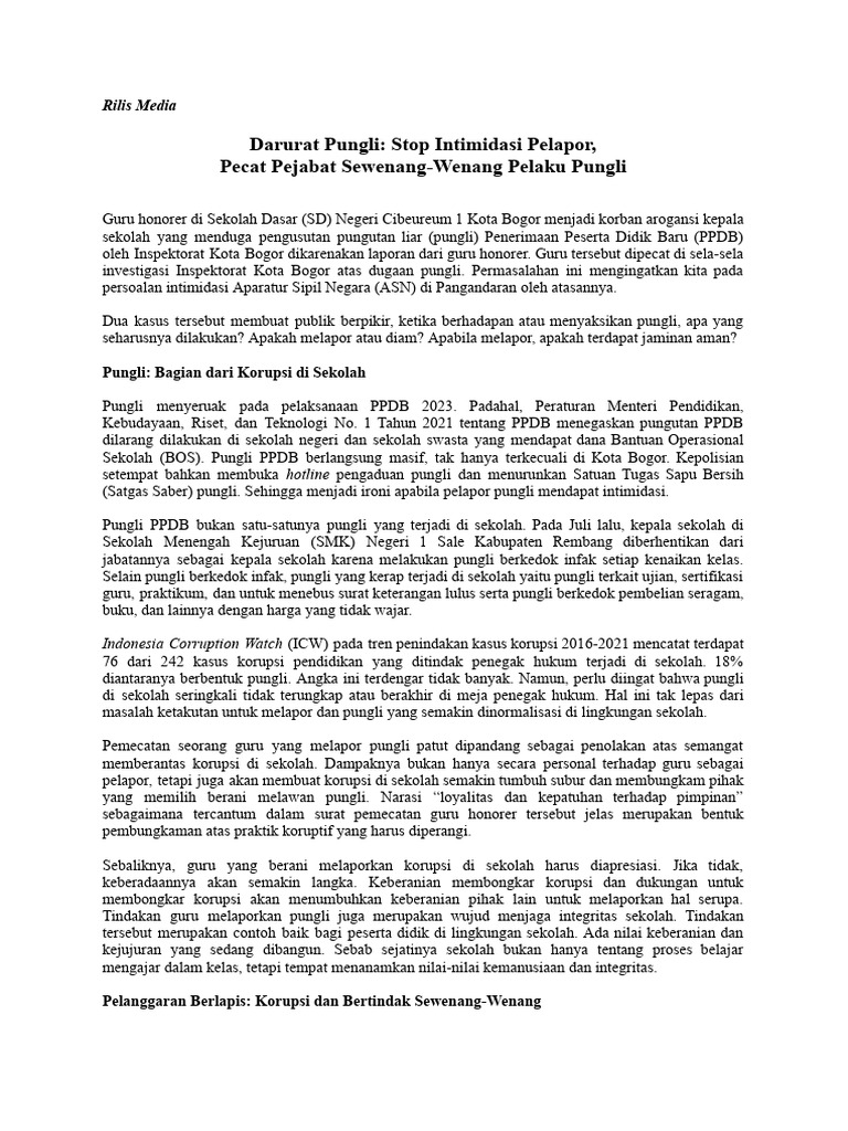 ICW Rilis Pungli Di Sekolah | PDF
