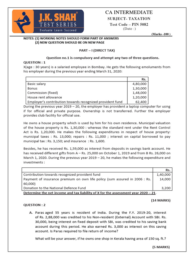 Pin 5082 Taxation - Question Paper | PDF | Expense | Taxes