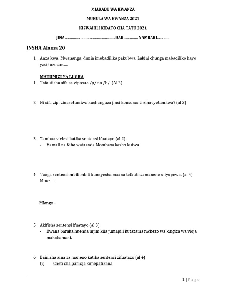 Set1 Kiswa Maswali MidTerm 1 2021 Teacher - Co - .Ke F3 Exam | PDF