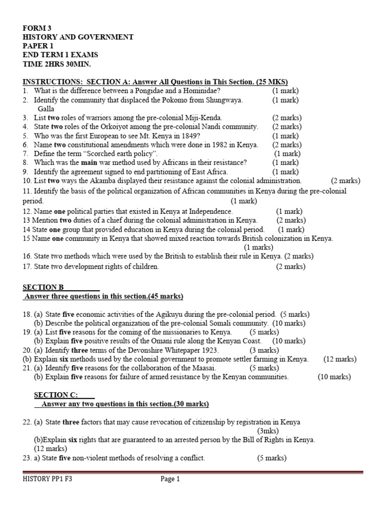 Form 3 History Exam Paper 1 | PDF | Kenya