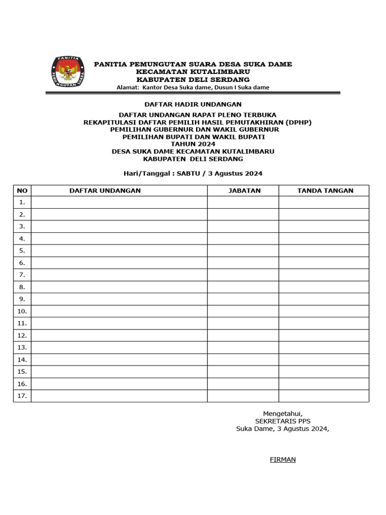 Daftar Hadir RAPAT PLENO DPHP | PDF