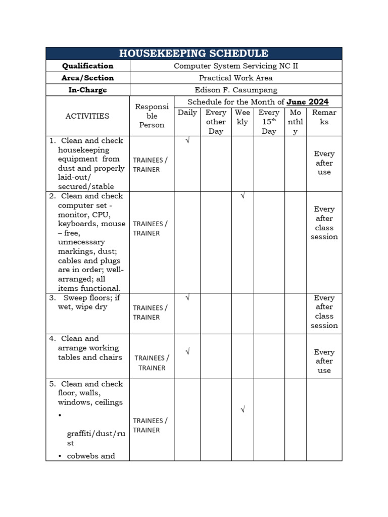 Form 1 Housekeeping Schedule Sample | PDF | Housekeeping