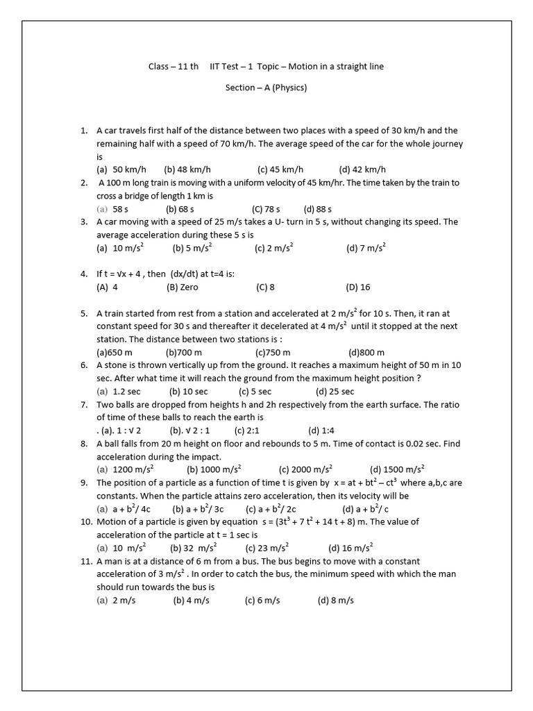 Class 11 Iit Test 1 Student | PDF | Acceleration | Speed