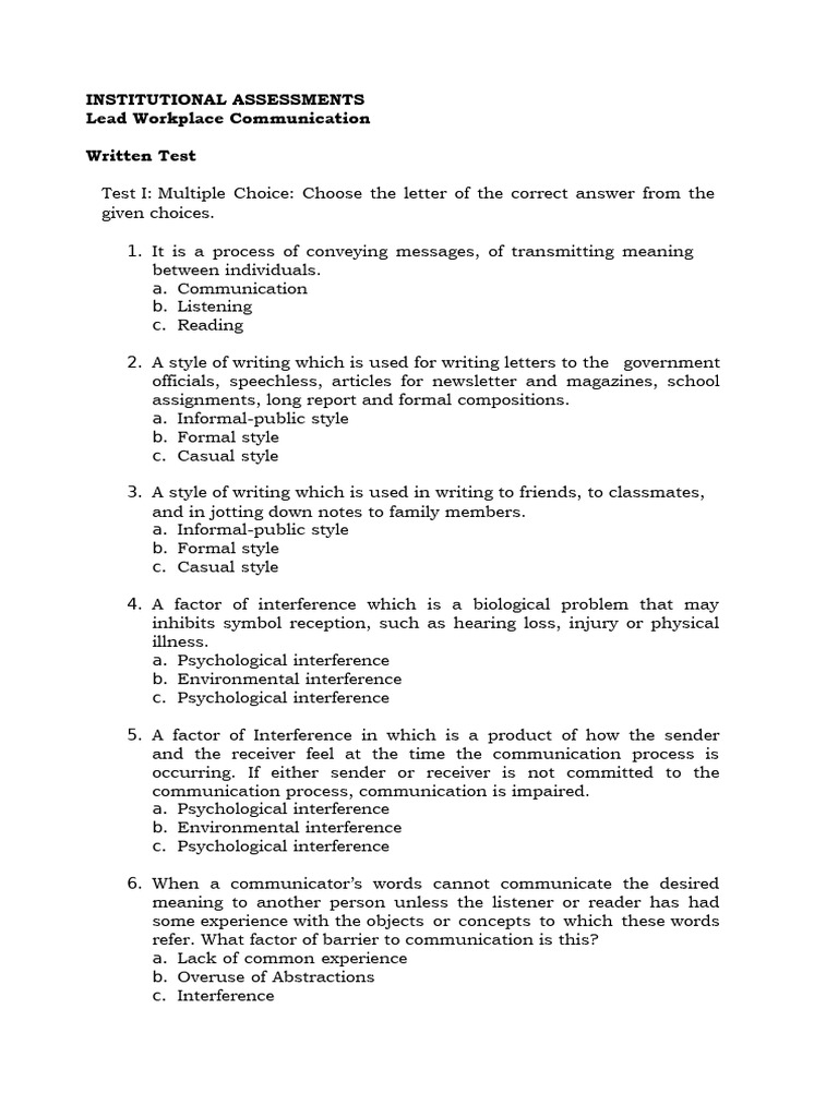 Institutional Assessment - Basic - Lead Workplace Communication | PDF | Communication | Human ...