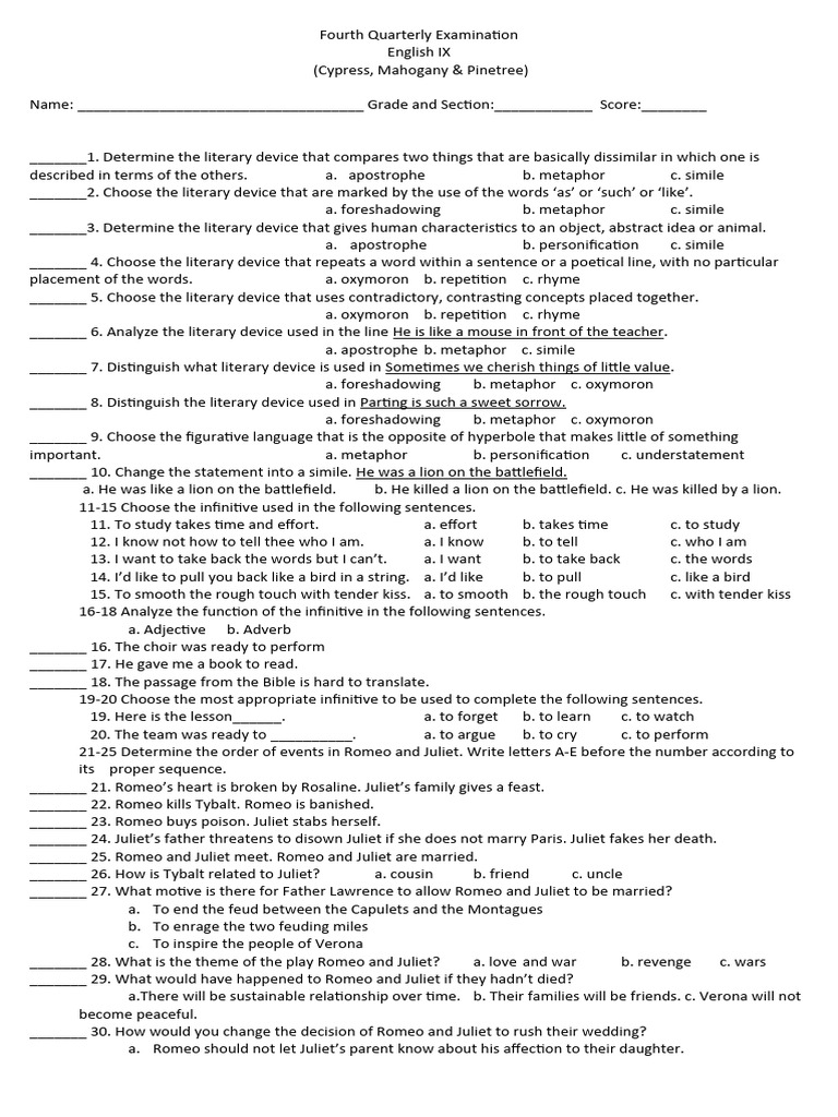 Fourth Quarterly Examination | PDF | Characters In Romeo And Juliet ...