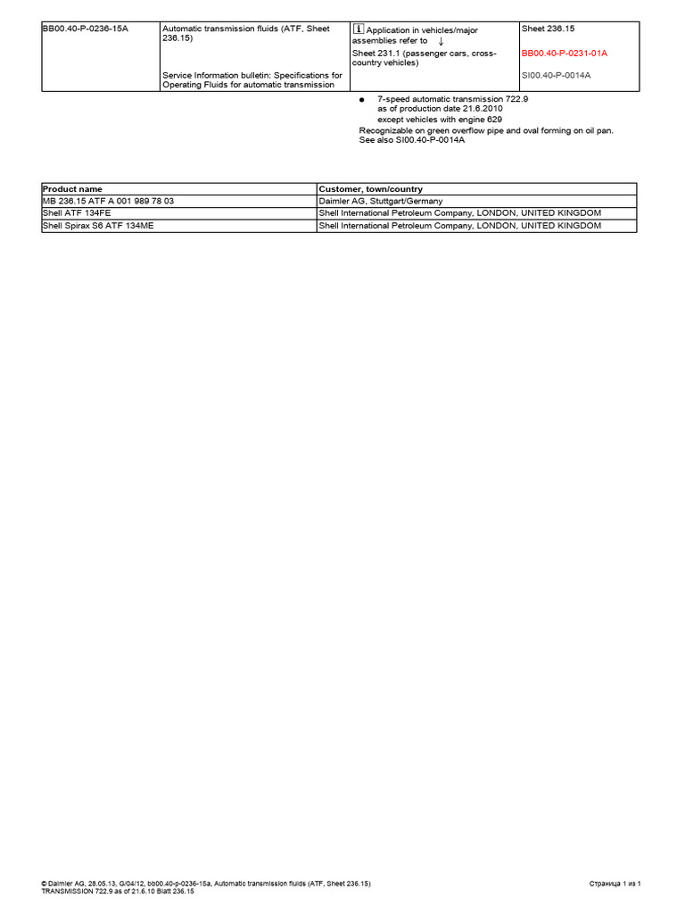 Automatic Transmission Fluids (ATF, Sheet 236 | PDF