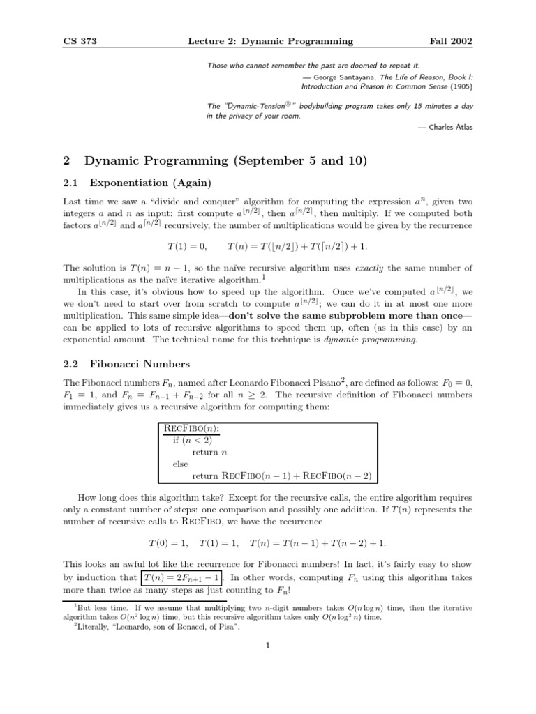 2 Dynamic Programming September 5 And 10 2 1 Exponentiation Again Pdf Dynamic
