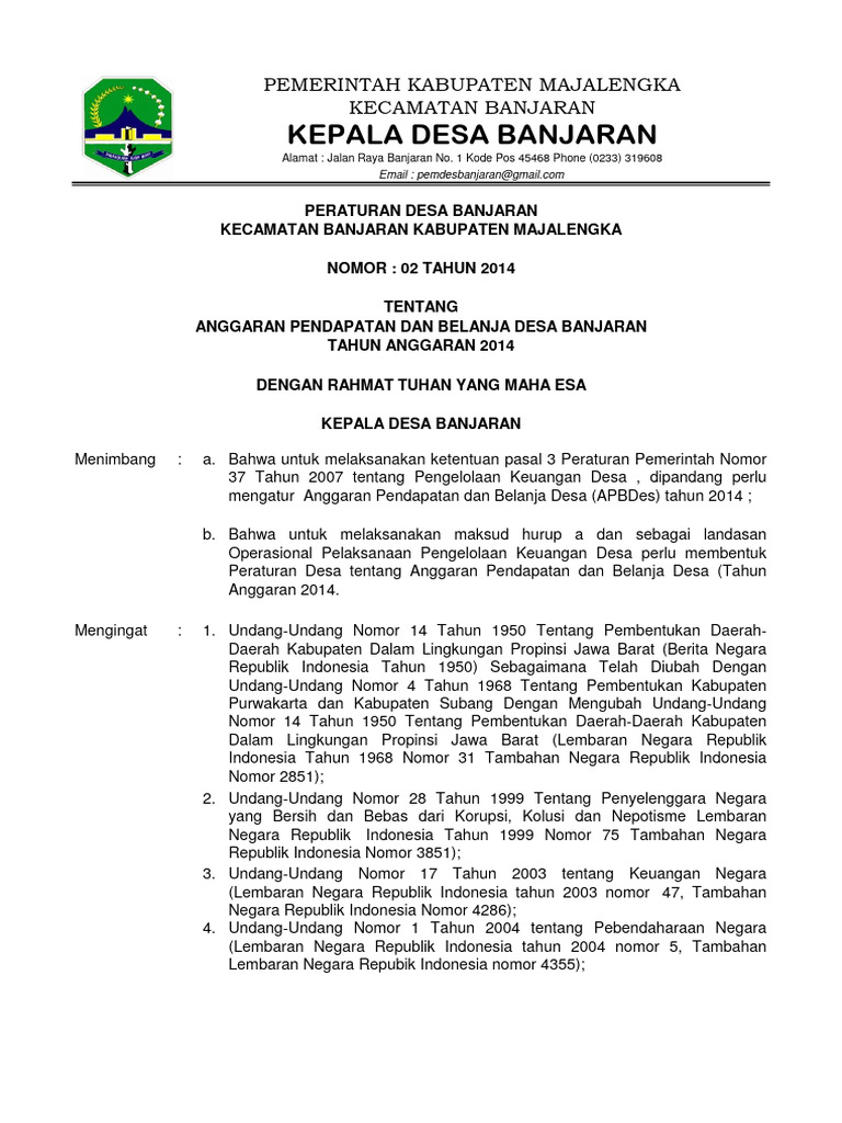 Contoh Perdes Apbdes 2014 Banjaran | PDF