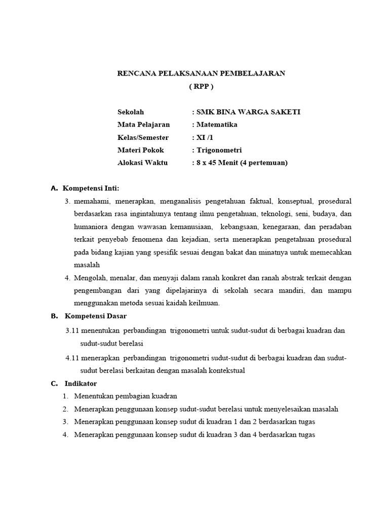 1 RPP TRIGONO Sudut Berelasi (XI) | PDF | Karier & Perkembangan | Metode & Bahan Ajar
