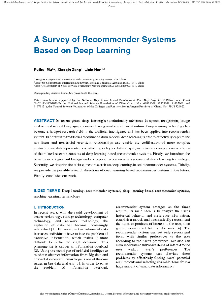 A Survey of Recommender Systems Based On Deep Lear | PDF | Artificial Neural Network | Deep Learning