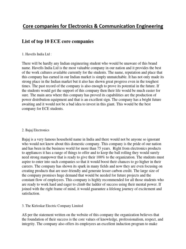 Top ECE Core Companies in India | PDF | Electronics