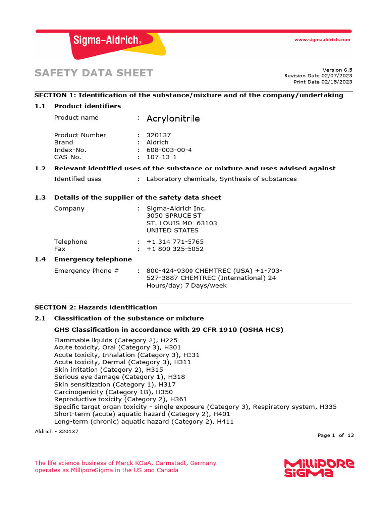 Acrylonitrile Safety Data Sheet | PDF | Toxicity | Working Conditions