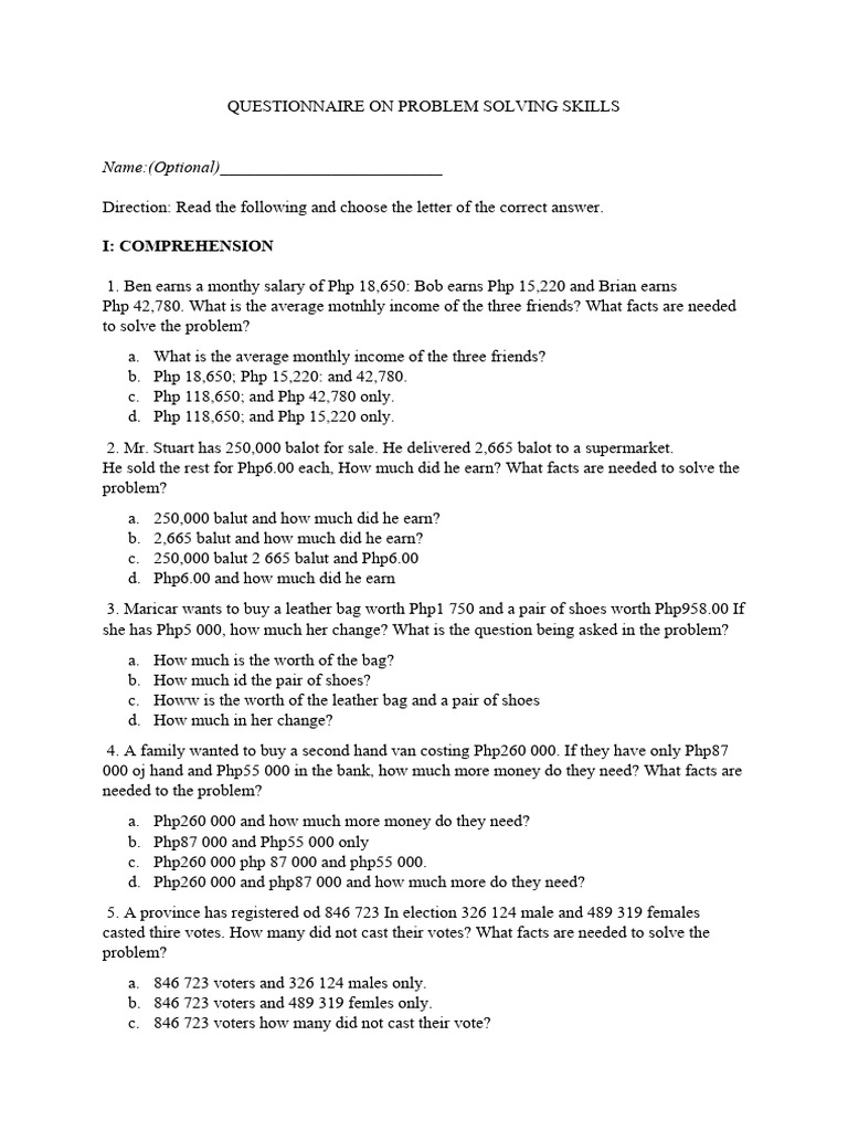 Questionnaire On Problem Solving Skills 1 | PDF