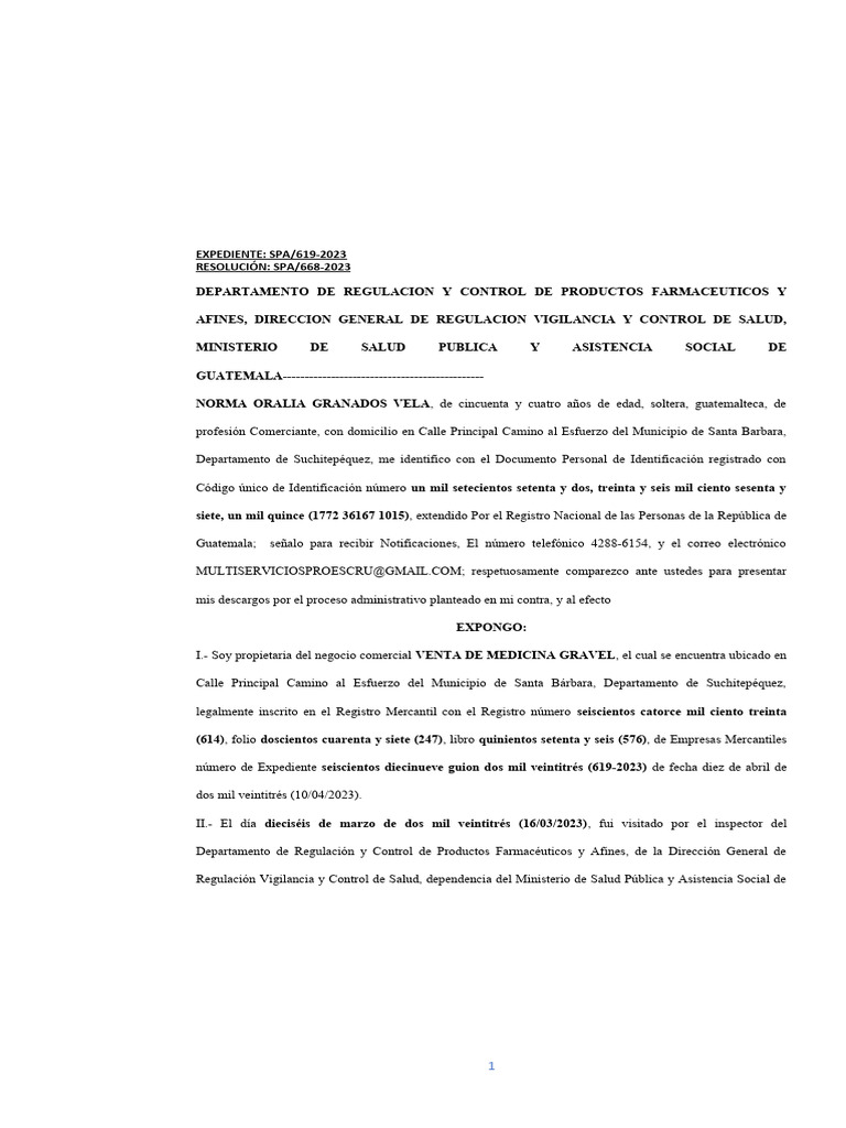 Memorial de Descargo Venta de Medicina Gravel Santa Barbara Suchi | PDF | Guatemala