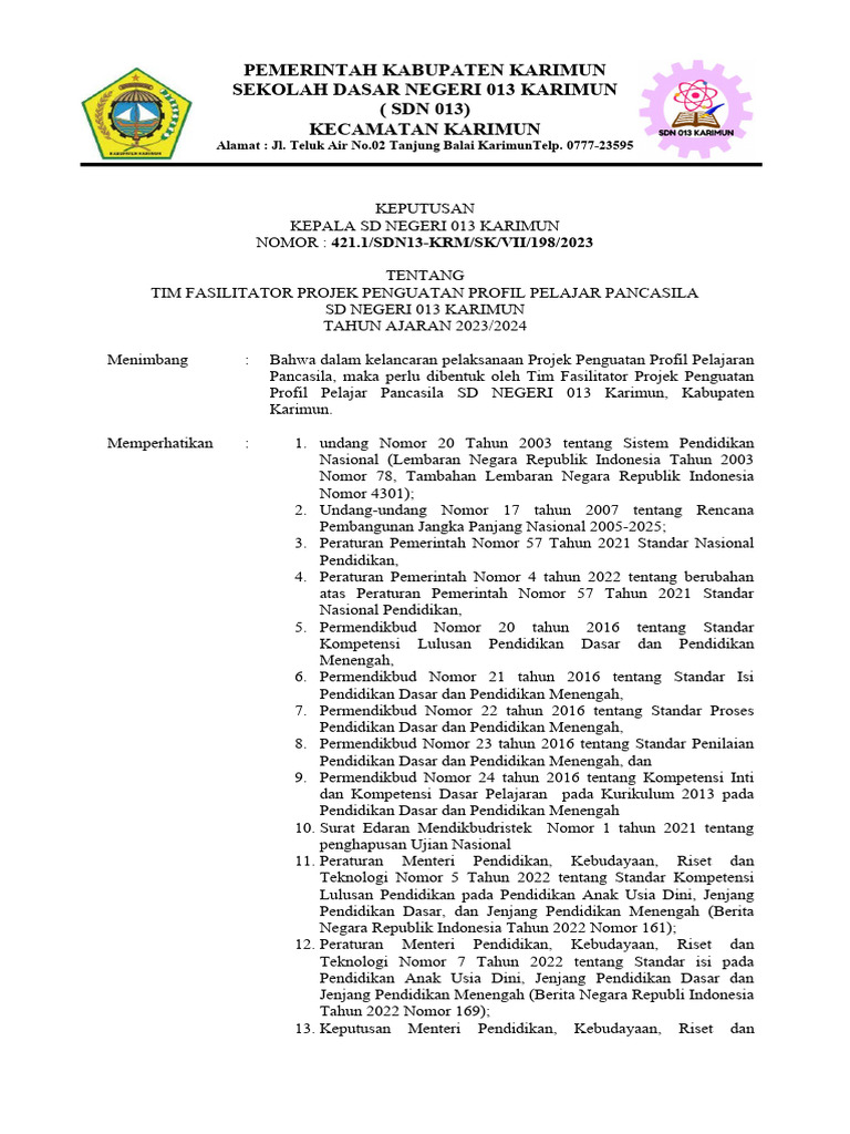 Tim Fasilitator Profil Pelajar Pancasila SDN 013 | PDF