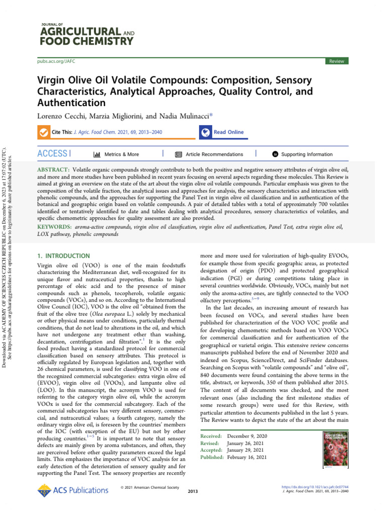 Cecchi Et Al 2021 Virgin Olive Oil Volatile Compounds Composition Sensory Characteristics ...