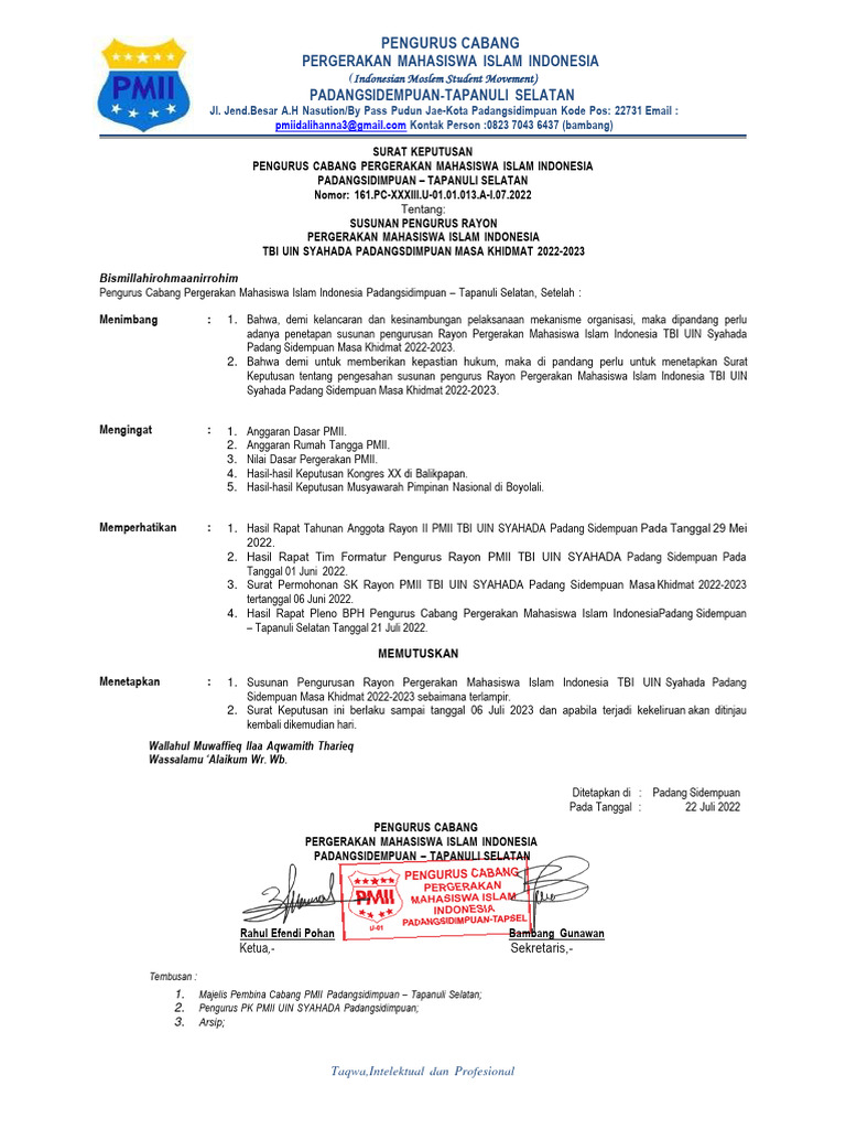 SK Pengurus PMII UIN Syahada 2022-2023 | PDF
