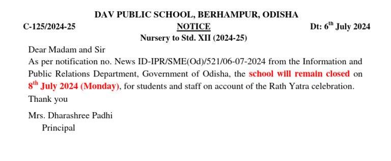 C-125 Notice - Students & Staff Rath Yatra | PDF