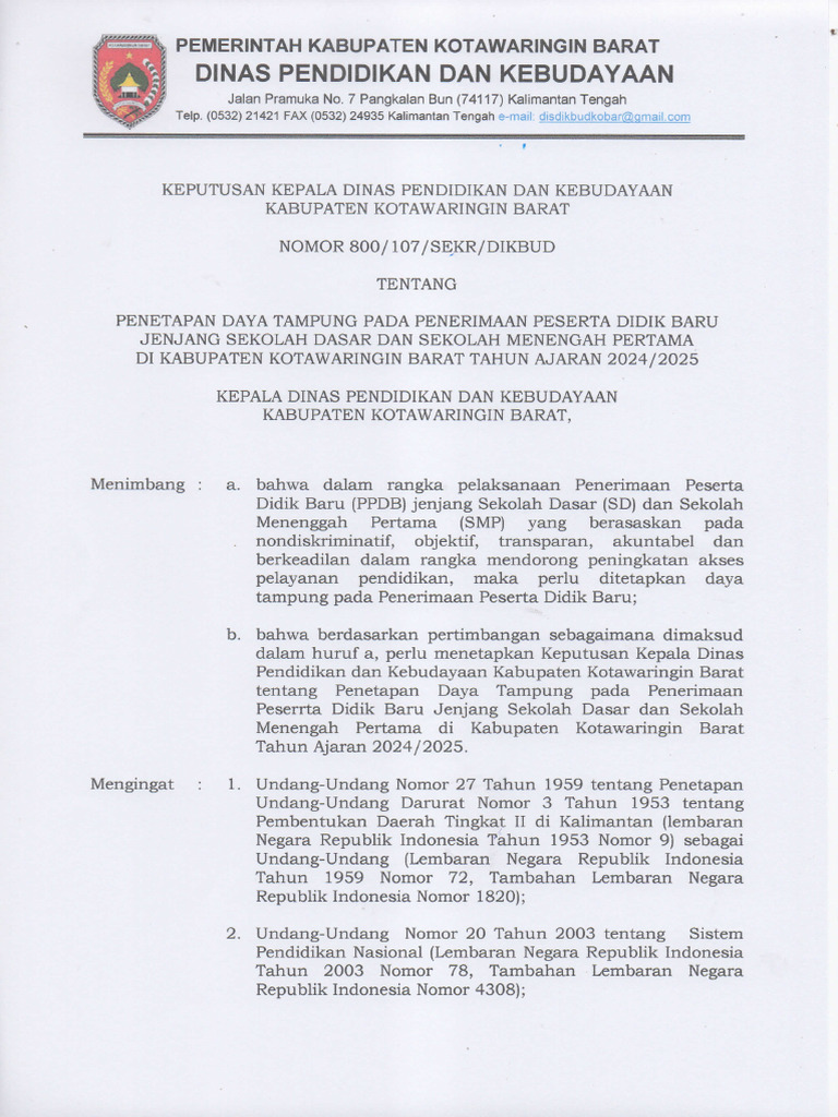 SK Daya Tampung PPDB 2024 2025 Kab. Kotawaringin Barat | PDF