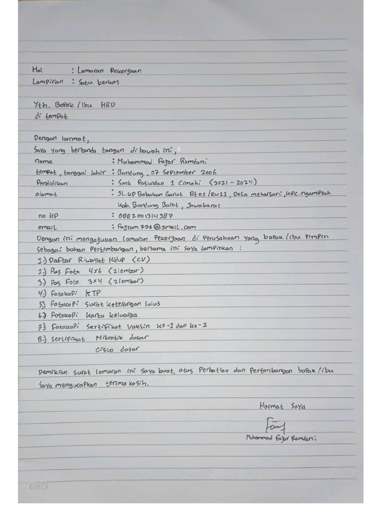 Surat Lamaran Kerja MUHAMMAD FAJAR RAMDANI | PDF
