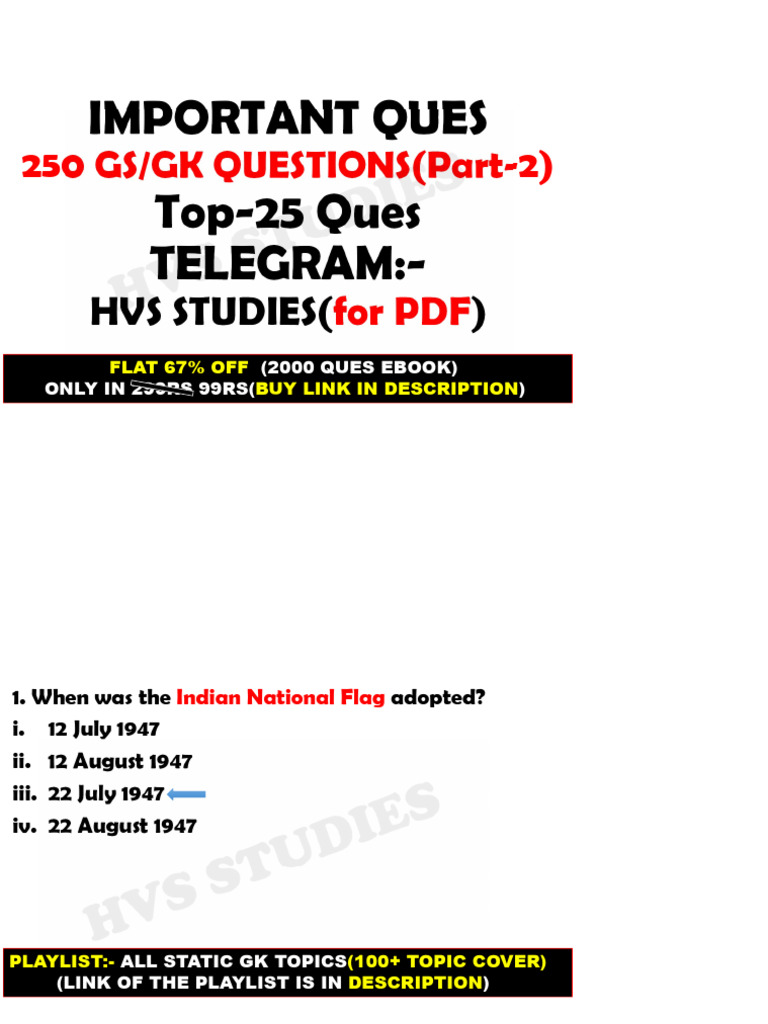 Important Ques Top-25 Ques Telegram:-: 250 GS/GK QUESTIONS (Part-2) | PDF | Jawaharlal Nehru
