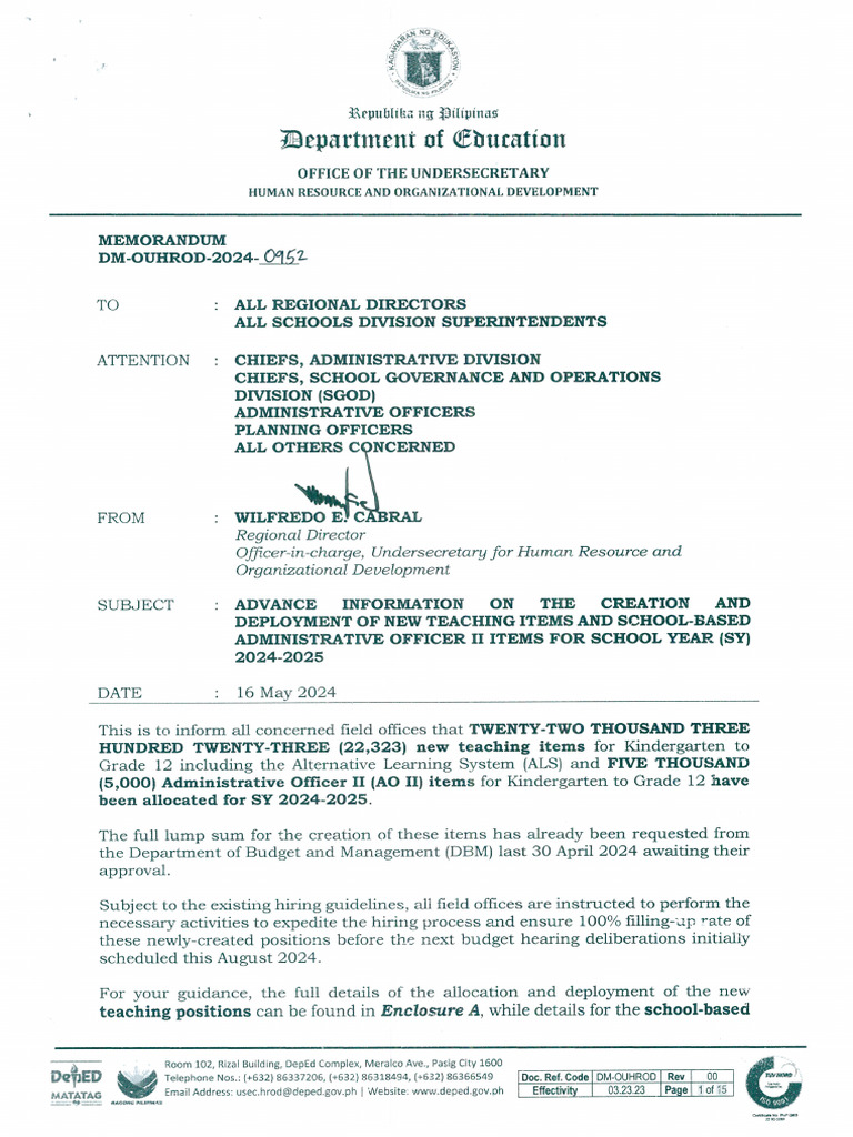 DM OUHROD 2024 0952 Advance Information On The Creation and Deployment of New Teaching Items and ...