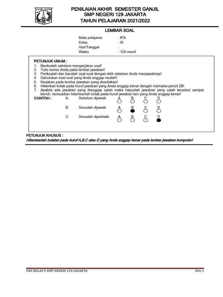 Soal Pas 9 Ganjil 2021 | PDF | Sains & Matematika