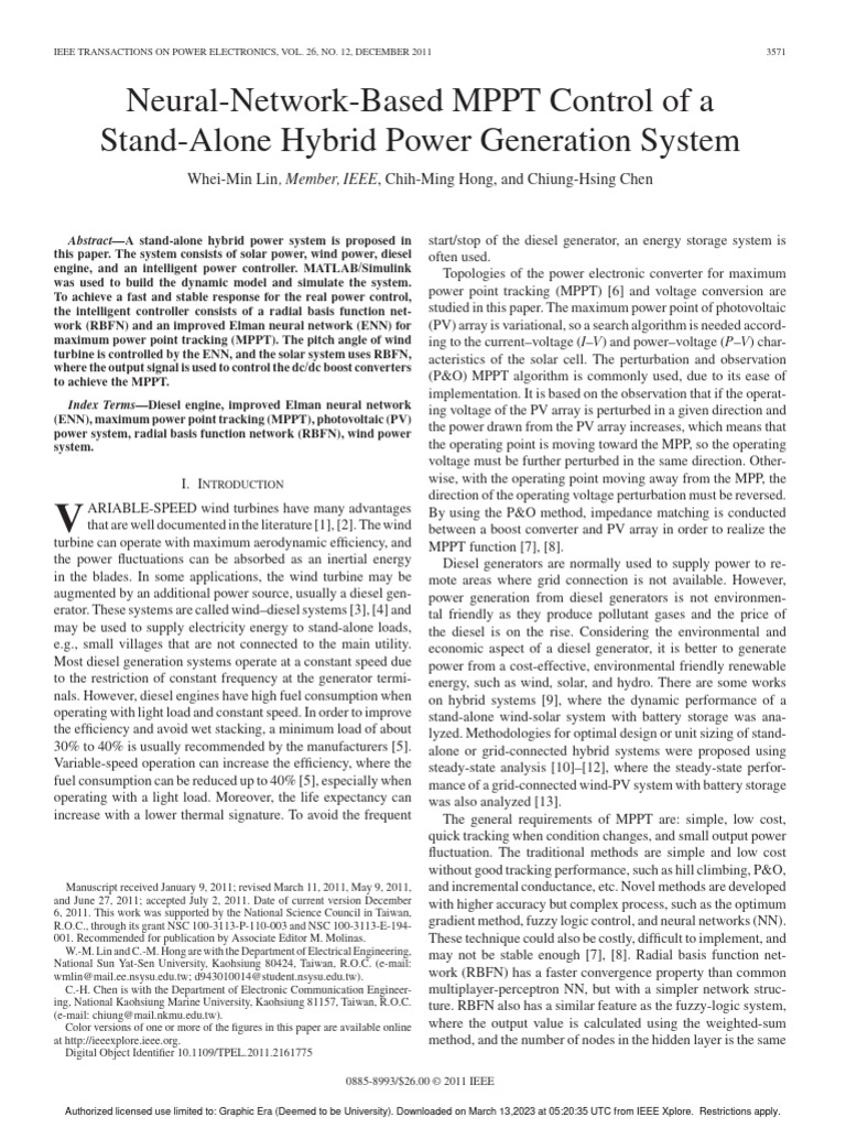 Neural-Network-Based MPPT Control of A Stand-Alone Hybrid Power Generation System | PDF ...