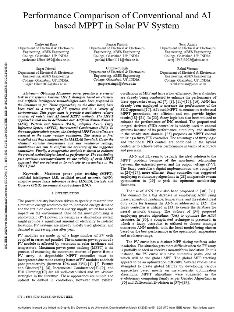 Performance Comparison of Conventional and AI Based MPPT in Solar PV System | PDF ...