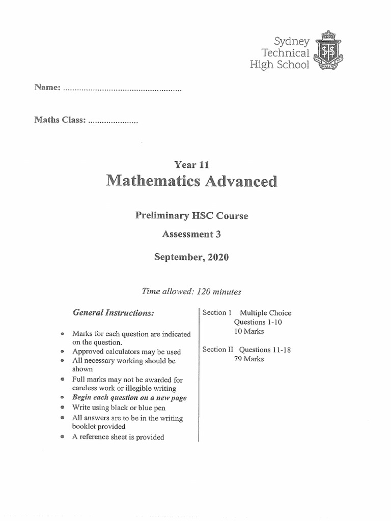 Sydney Tech 2020 2U Prelim Yearly & Solutions | PDF