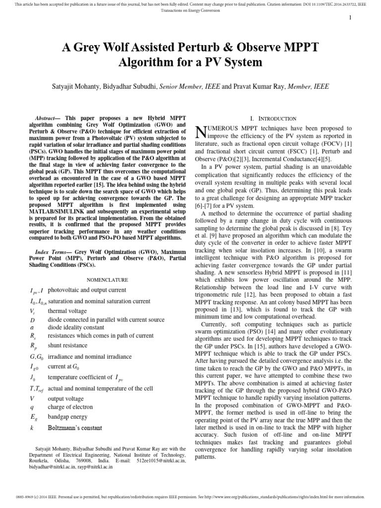 A Grey Wolf Assisted Perturb & Observe MPPT | PDF | Electrical Engineering | Electricity