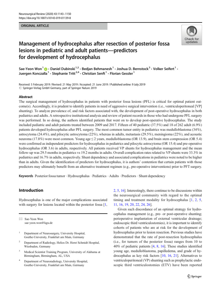 Management of Hydrocephalus After Resection of Posterior Fossa Lesions in Pediatric and Adult ...