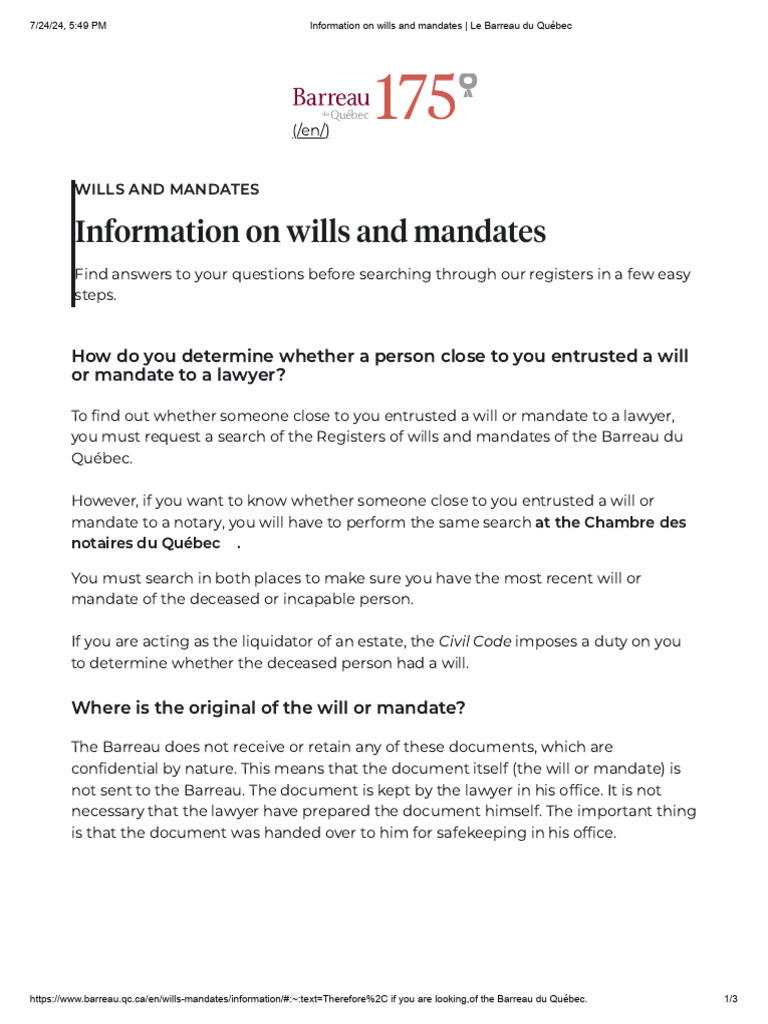 Information On Wills and Mandates - Le Barreau Du Québec | PDF | Will ...
