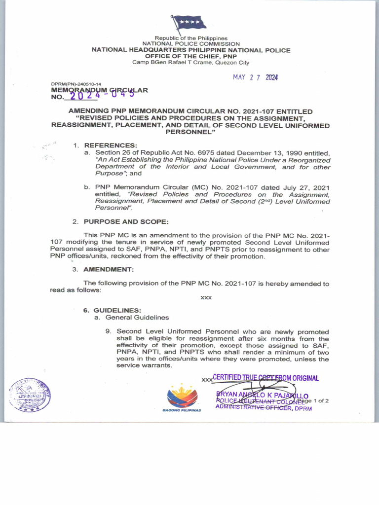 PNP MC No. 2024 045 AMENDING PNP MC NO. 2021 107 ENTITLED REVISED POLICIES AND PROCEDURES ON THE ...